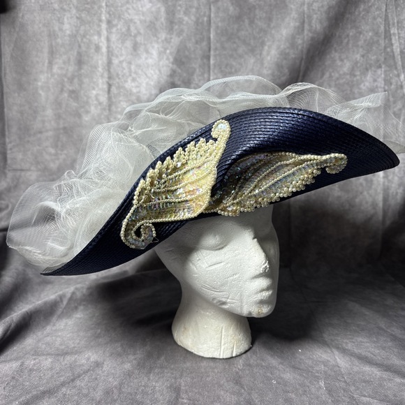 dh NEW YORK | Accessories | Vtg Deborah New York Navy Straw Hat Wmesh ...